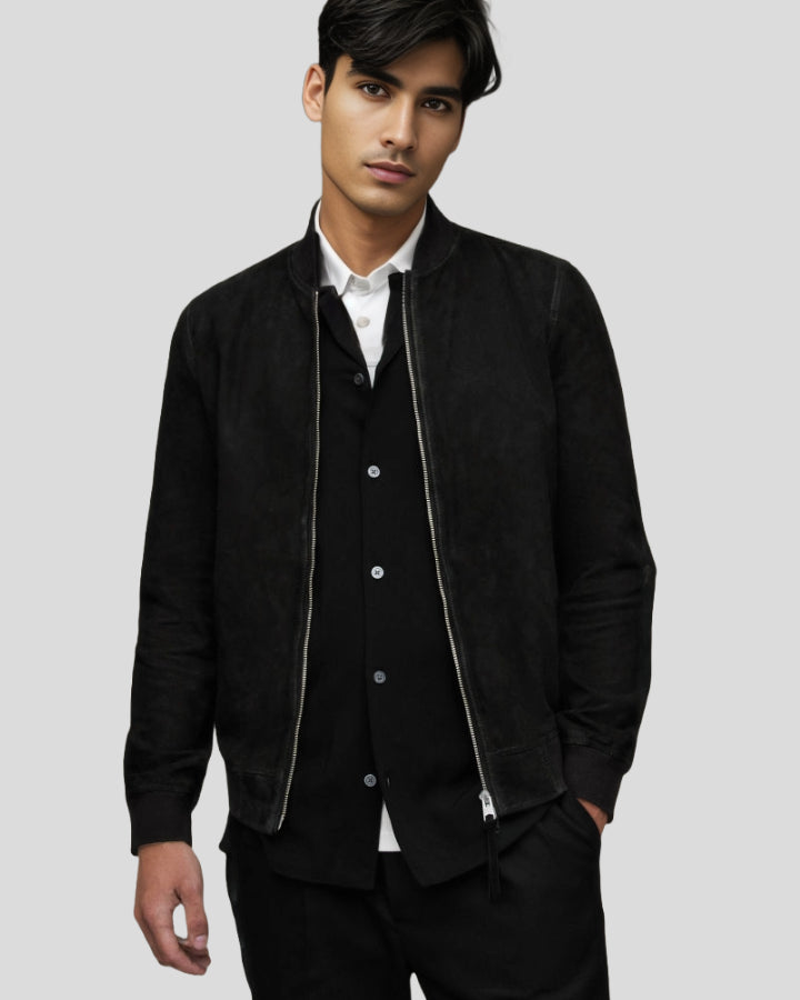 Men's Eclipse Black Suede Bomber Leather Jacket – NYC Leather Jackets