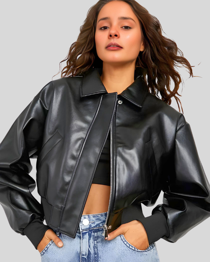 Women's Oversized Cropped Black Leather Bomber Jacket | Urban Chic ...