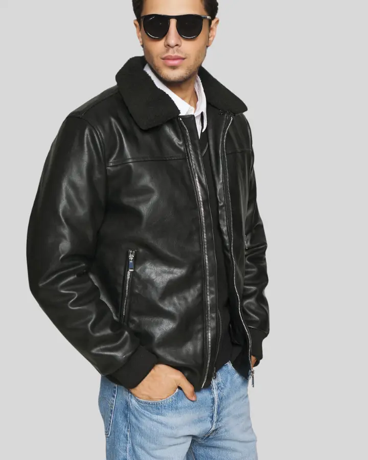 Mens Jett Black Leather Bomber Jacket with Shearling Collar – NYC ...