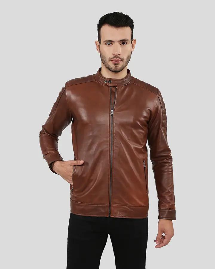 Mens Albie Brown Slim Fit Racer Leather Jacket – NYC Leather Jackets