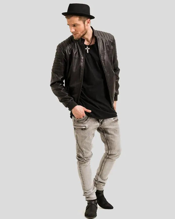 Mens Mosh Black Bomber Leather Jacket - NYC Leather Jackets Mens Mosh Black Bomber Leather Jacket - NYC Leather Jackets