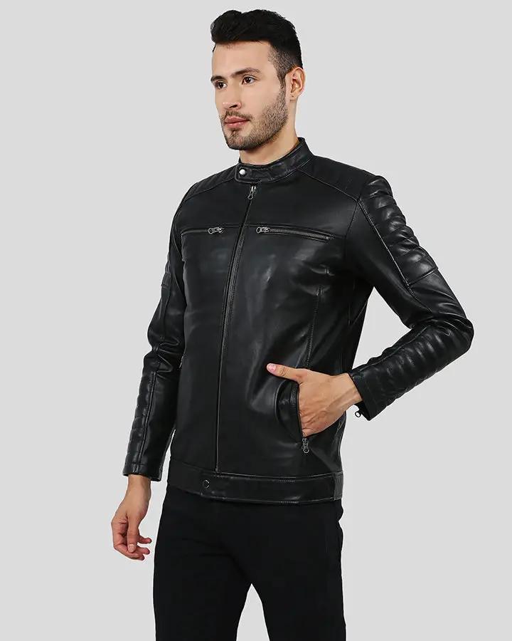 Mens Enzo Black Slim Fit Leather Racer Jacket - NYC Leather Jackets
