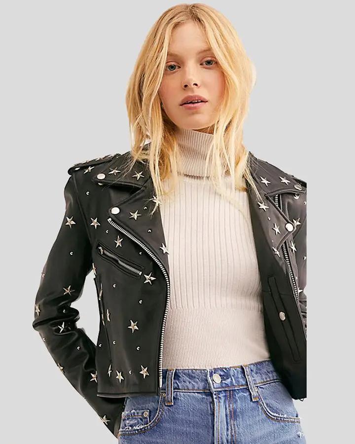 Women's Black Leather Jackets: Moto, Racer, Bomber, Studded, Fringe ...